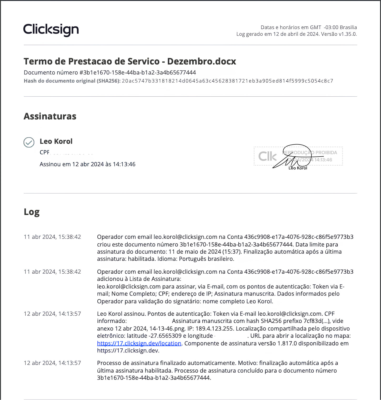 O que é o Código Hash presente no documento assinado?