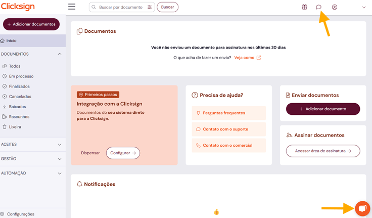 Quais são os canais de atendimento da Clicksign?