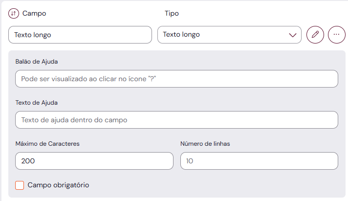 Tipos de Campos do formulário