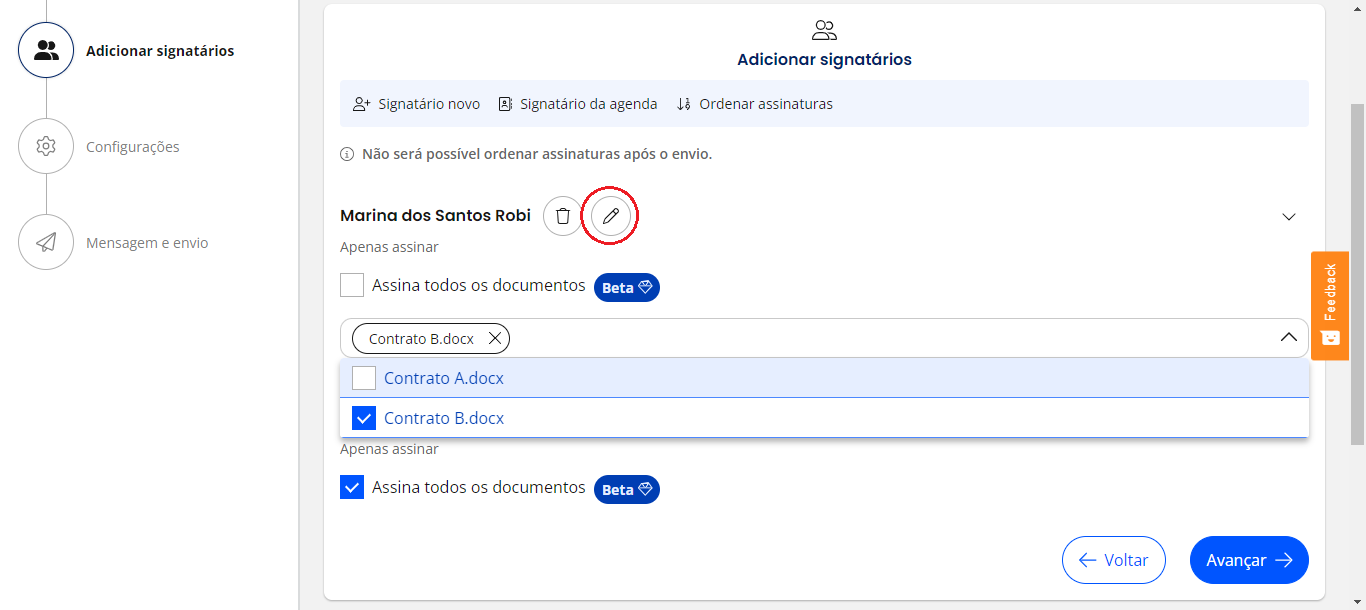 Como editar um signatário durante e após o envio?