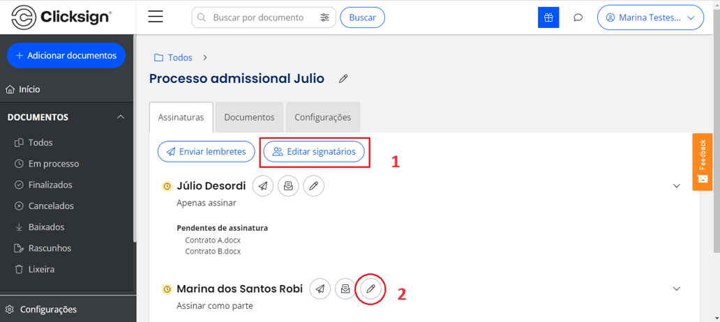 Como editar um signatário durante e após o envio?